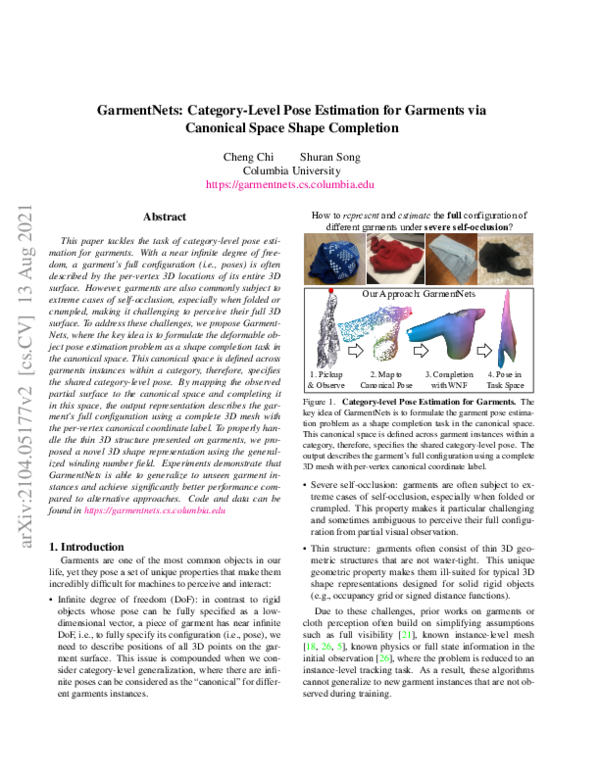 (PDF) GarmentNets: Category-Level Pose Estimation for Garments via Canonical Space Shape Completion