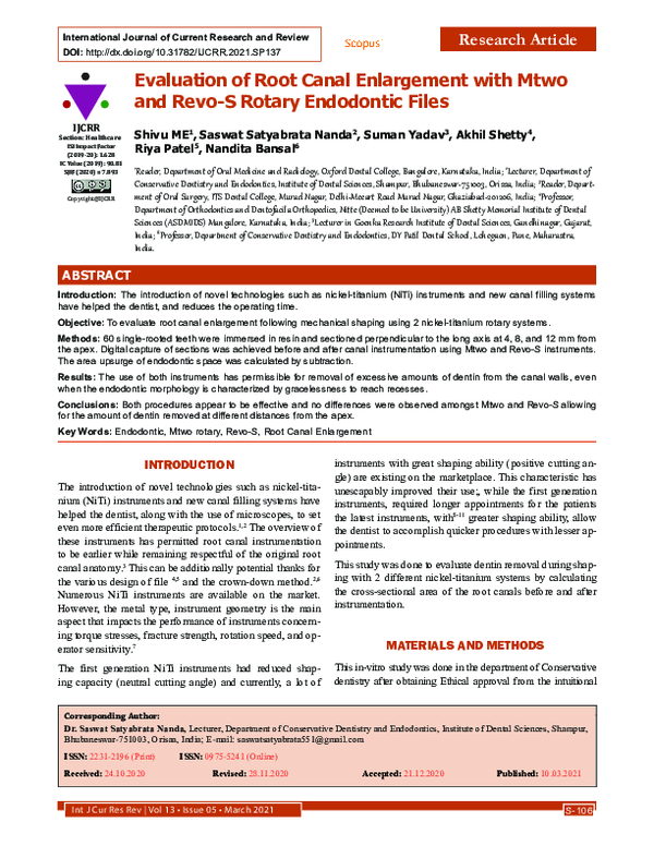 (PDF) Evaluation of Root Canal Enlargement with Mtwo and Revo-S Rotary ...