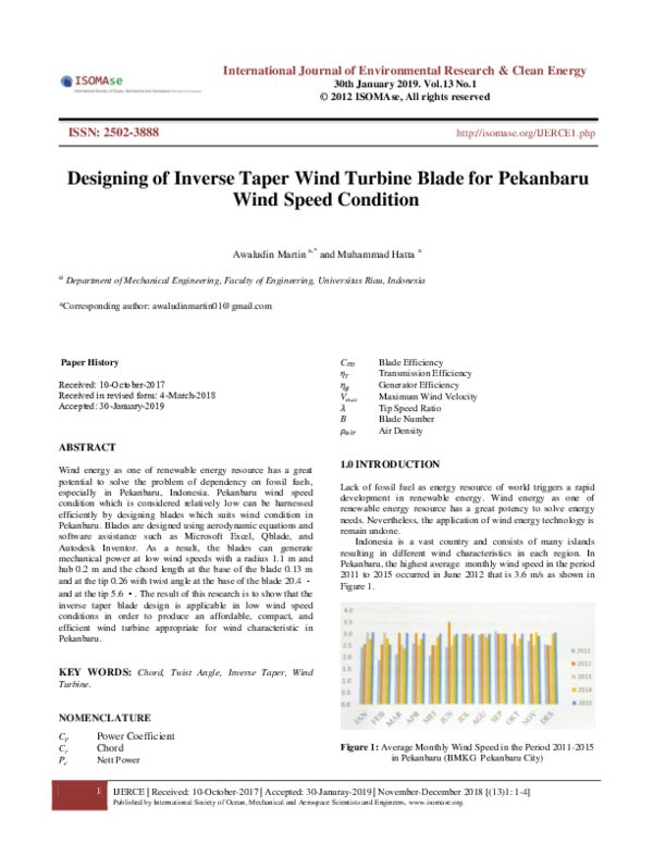 (PDF) Designing of Inverse Taper Wind Turbine Blade for Pekanbaru Wind ...
