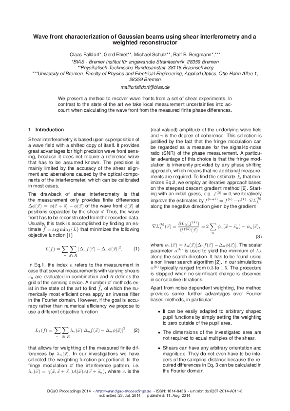 (PDF) Wave front characterization of Gaussian beams using shear interferometry and a weighted ...
