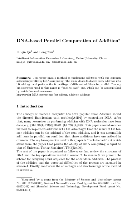 (PDF) DNA-based Parallel Computation of Addition