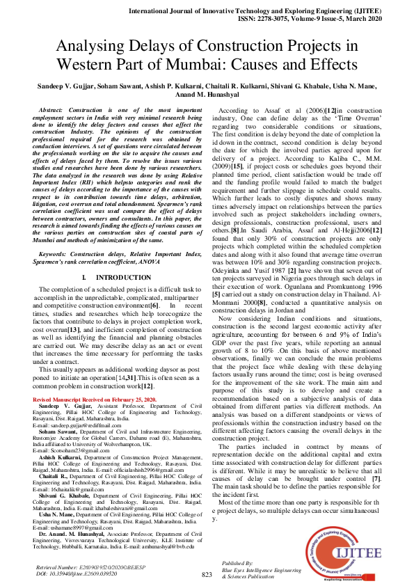 (PDF) Analysing Delays of Construction Projects in Western Part of Mumbai: Causes and Effects