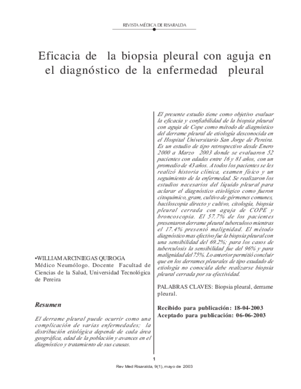 (PDF) Eficacia de la biopsia pleural con aguja en el diagnóstico de la ...