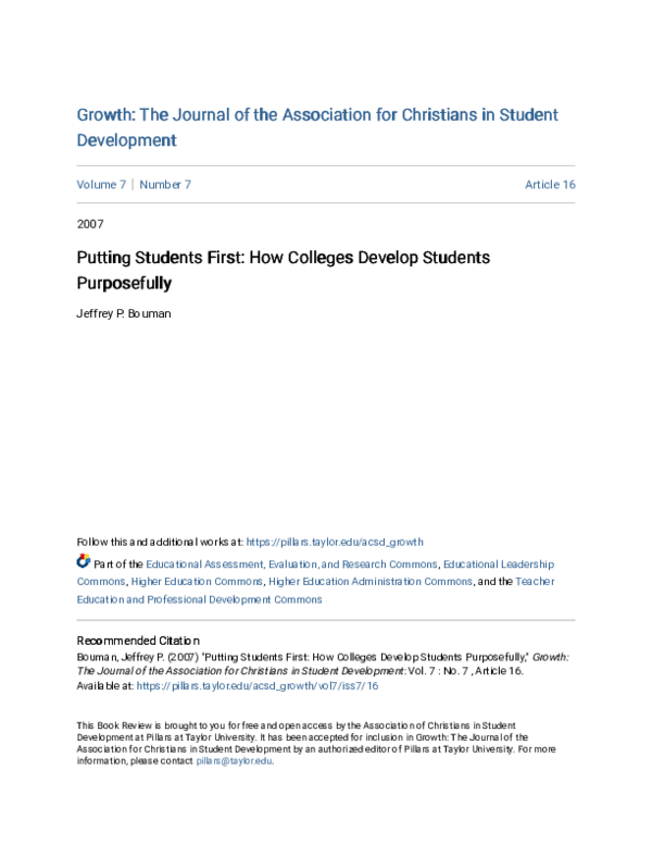 (PDF) Putting Students First: How Colleges Develop Students Purposefully