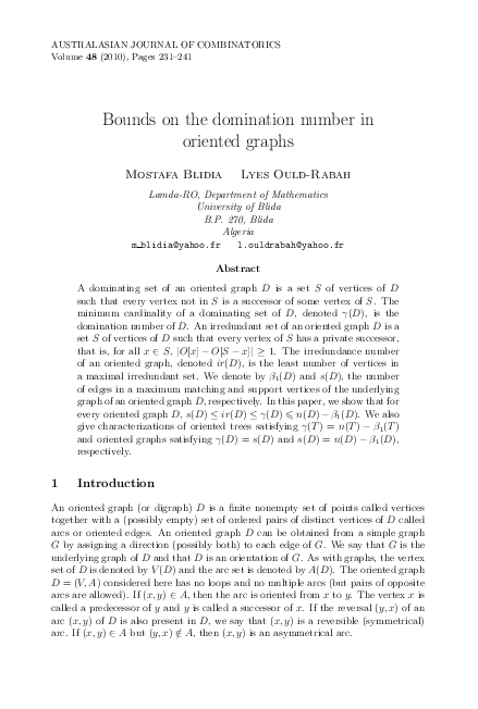 (PDF) Bounds on the domination number in oriented graphs