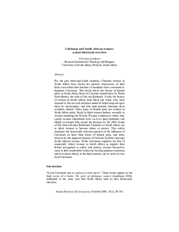 (PDF) Calvinism and South African women: a short historical overview