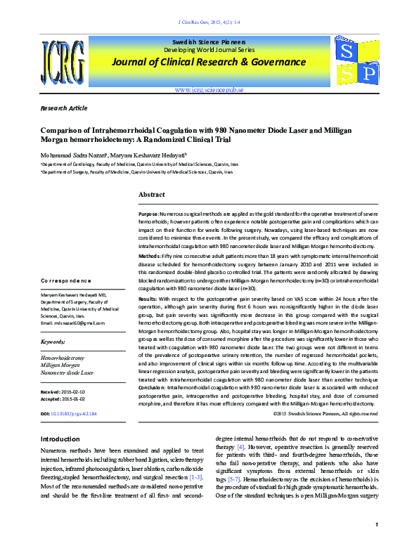 (PDF) Comparison of Intrahemorrhoidal Coagulation with 980 Nanometer ...
