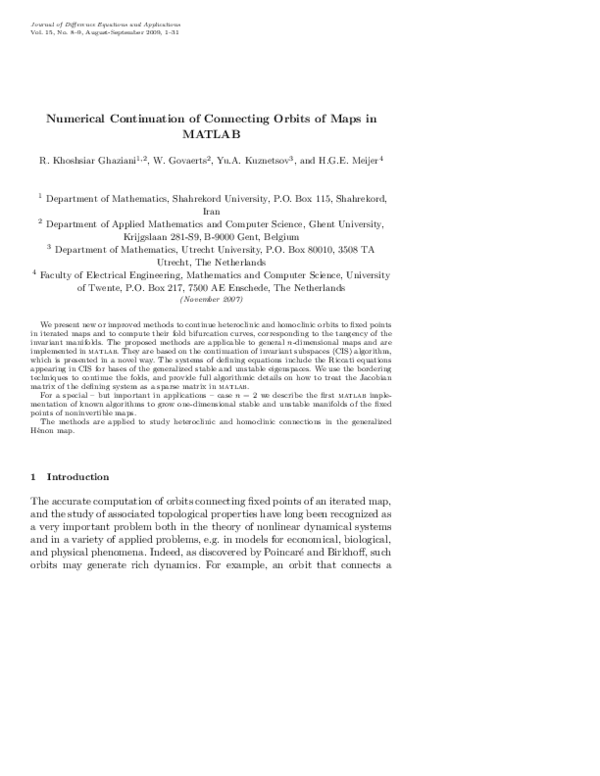 (PDF) Numerical continuation of connecting orbits of maps in MATLAB
