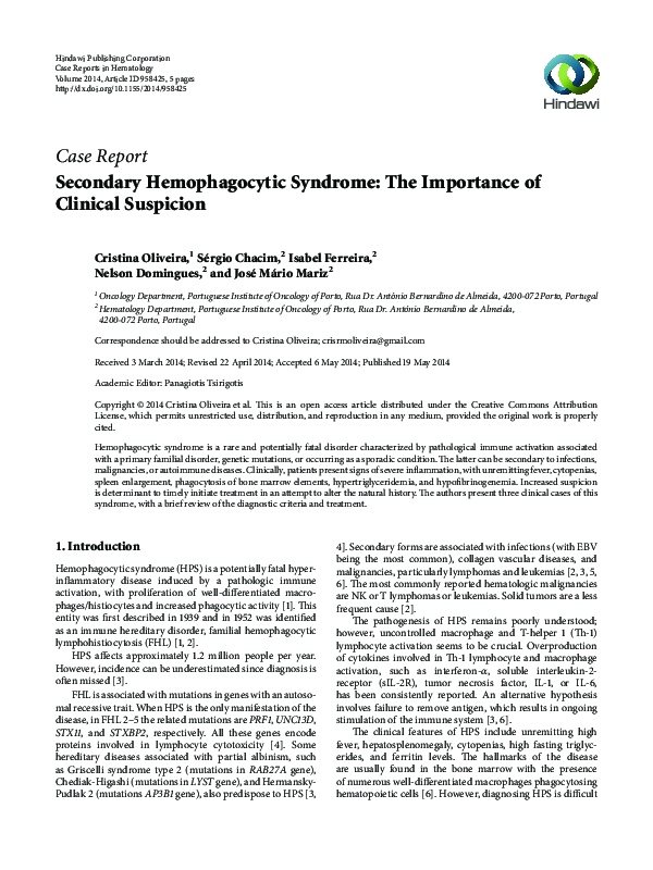 Pdf Secondary Hemophagocytic Syndrome The Importance Of Clinical