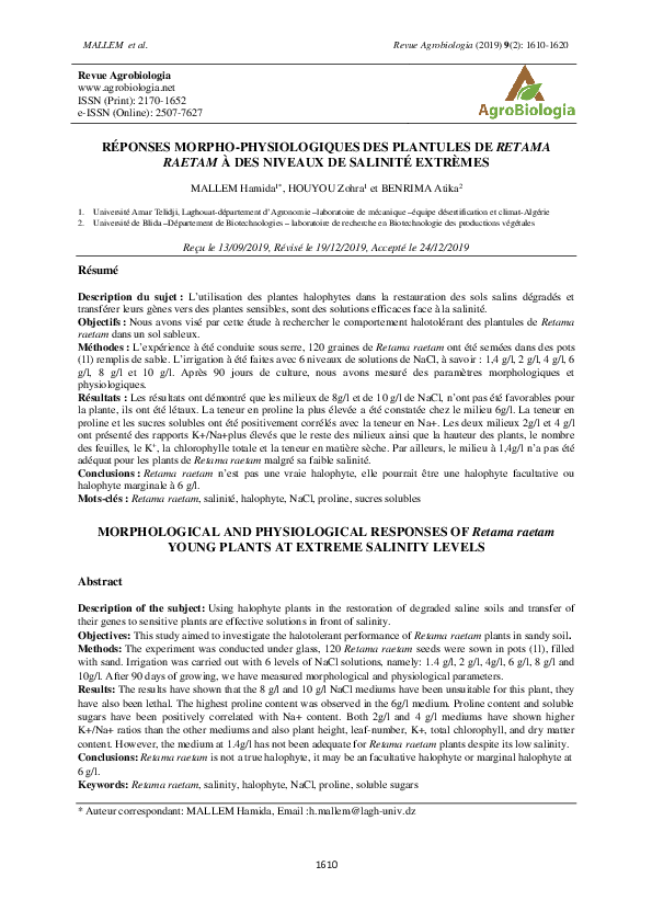 (PDF) Réponses Morpho-Physiologiques Des Plantules De Retama Raetam À Des Niveaux De Salinité ...