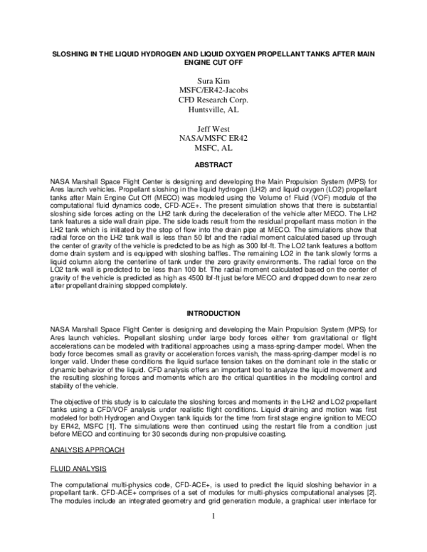 (PDF) Sloshing in the Liquid Hydrogen and Liquid Oxygen Propellant ...