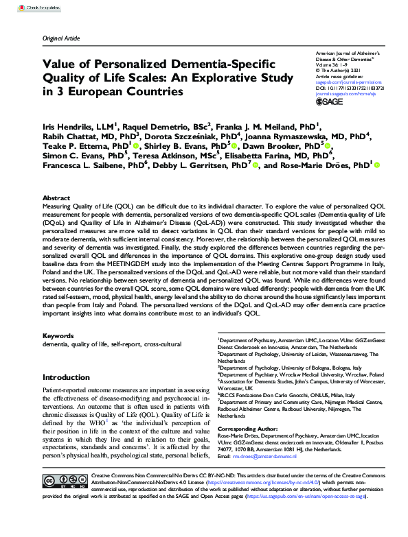 (PDF) Value of Personalized Dementia-Specific Quality of Life Scales ...