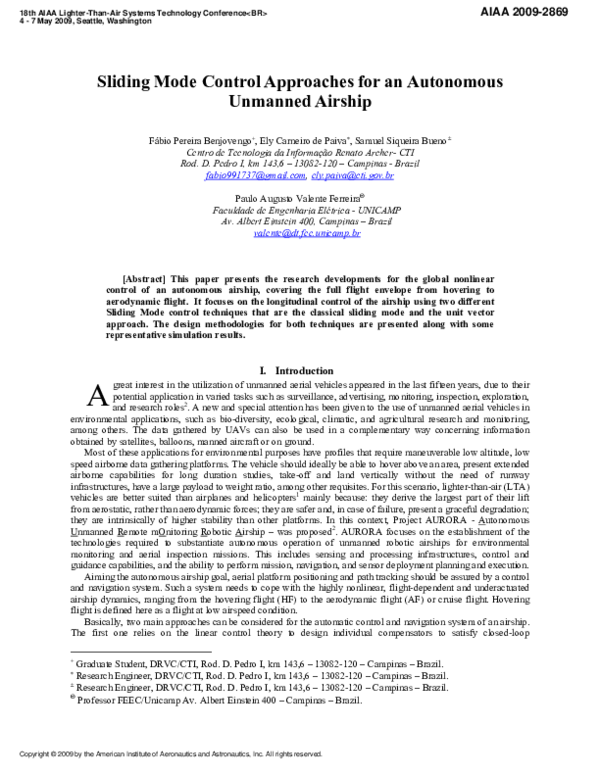 (PDF) Sliding Mode Control Approaches for an Autonomous Unmanned Airship