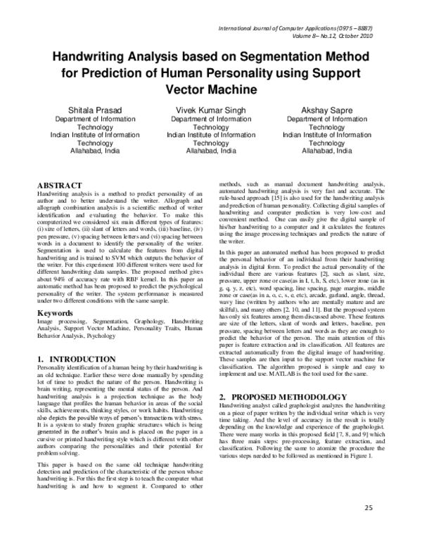 Pdf Handwriting Analysis Based On Segmentation Method For Prediction