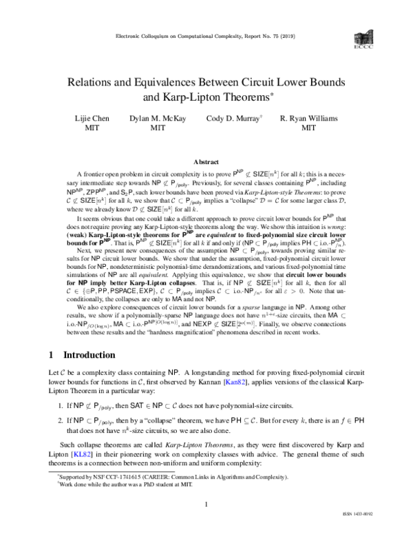 (PDF) Relations and equivalences between circuit lower bounds and karp-lipton theorems