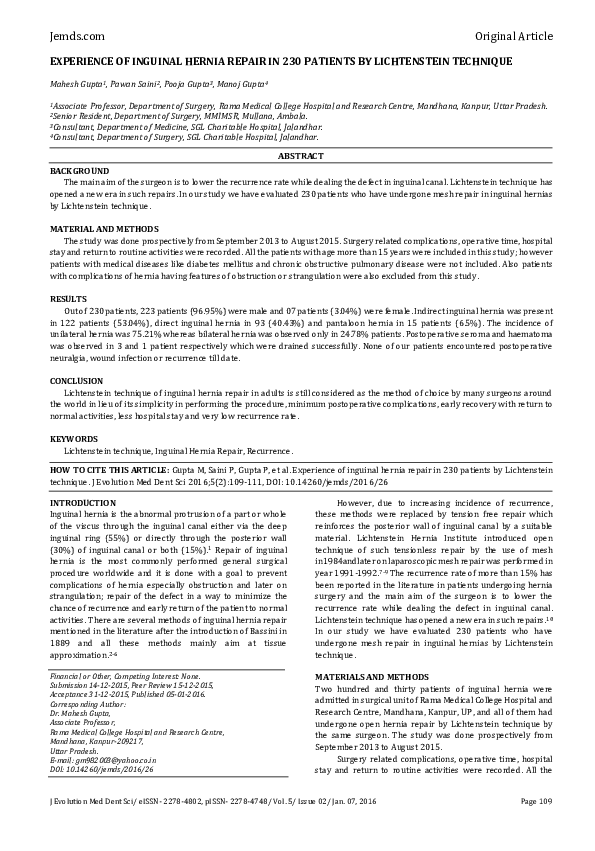 (PDF) Experience of Inguinal Hernia Repair in 230 Patients by ...