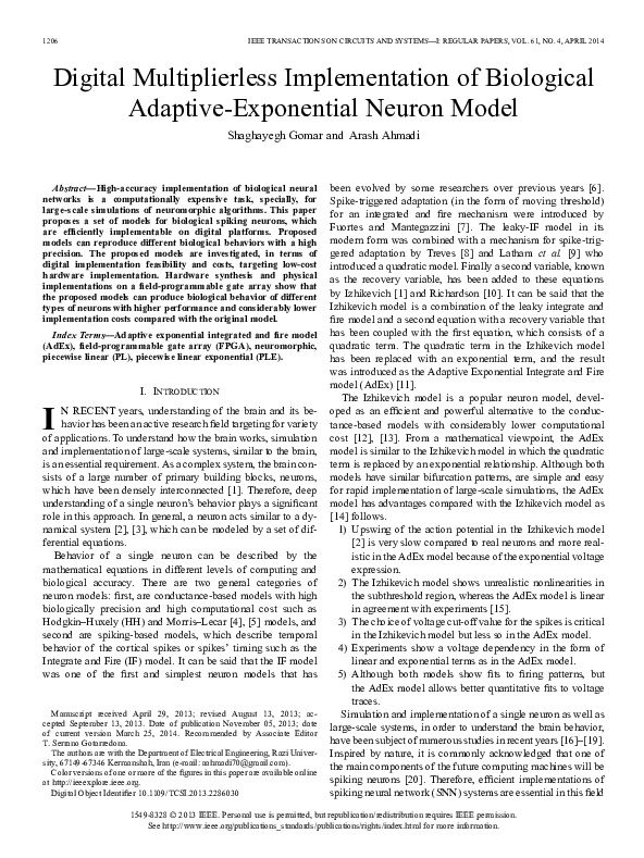 Pdf Digital Multiplierless Implementation Of Biological Adaptive Exponential Neuron Model 0401