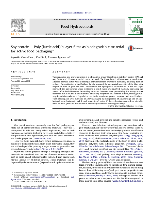 (PDF) Soy protein – Poly (lactic acid) bilayer films as biodegradable ...