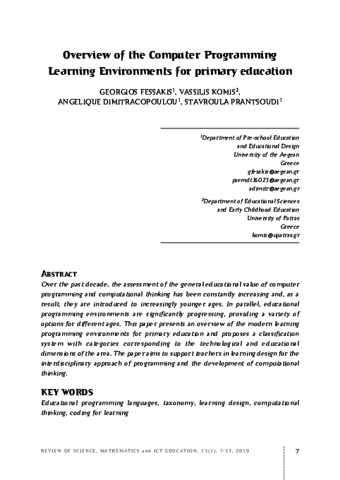 (PDF) Overview of the Computer Programming Learning Environments for primary education