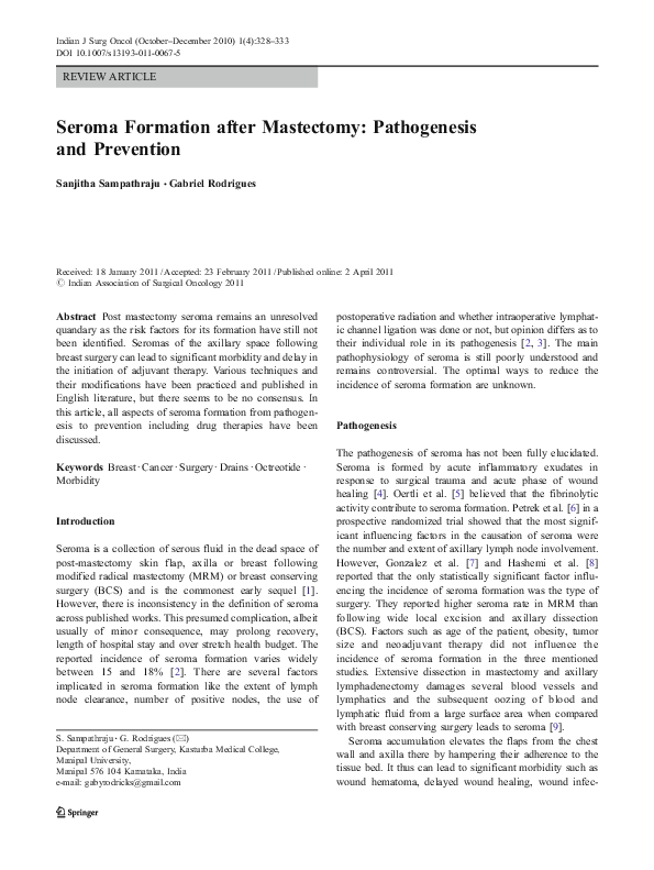 (PDF) Seroma Formation after Mastectomy: Pathogenesis and Prevention