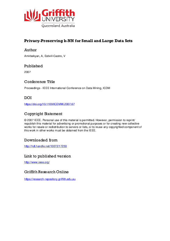 (PDF) Privacy-preserving k-NN for small and large data sets | vladimir castro - Academia.edu