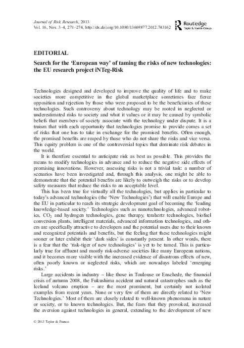 (PDF) Search for the ‘European way’ of taming the risks of new technologies: the EU research ...