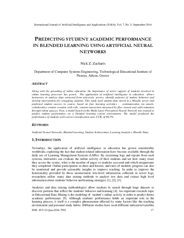 (PDF) Predicting Student Academic Performance in Blended Learning Using Artificial Neural Networks