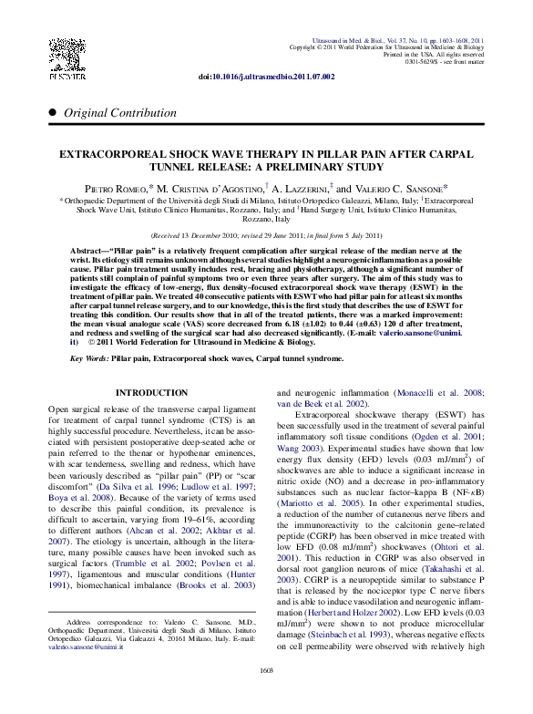 (PDF) Extracorporeal Shock Wave Therapy in Pillar Pain After Carpal ...