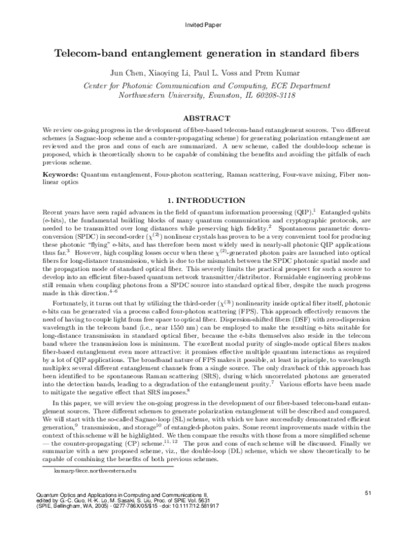 (PDF) Telecom-band entanglement generation in standard fibers
