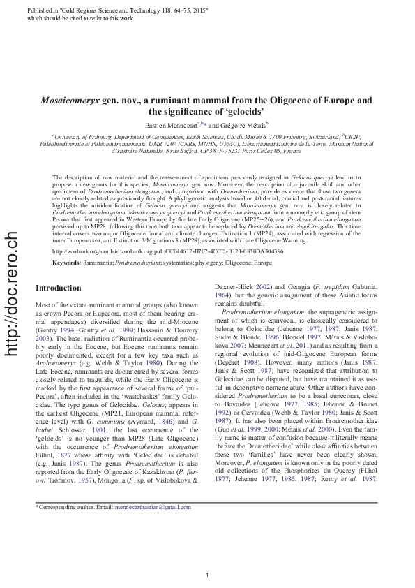 (PDF) Mosaicomeryxgen. nov., a ruminant mammal from the Oligocene of ...