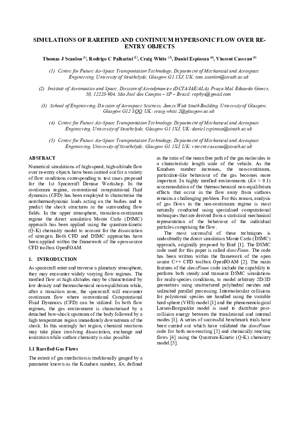 (PDF) Simulations of rarefied and continuum hypersonic flow over re-entry objects