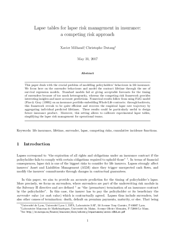 (PDF) Lapse tables for lapse risk management in insurance: a competing ...