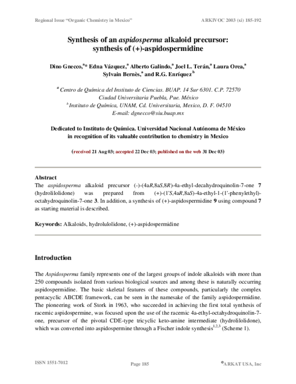 (PDF) Synthesis of an aspidosperma alkaloid precursor: synthesis of ...