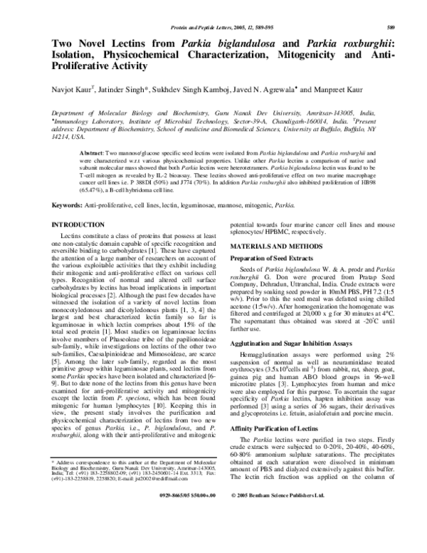 (PDF) Two Novel Lectins from Parkia biglandulosa and Parkia roxburghii ...