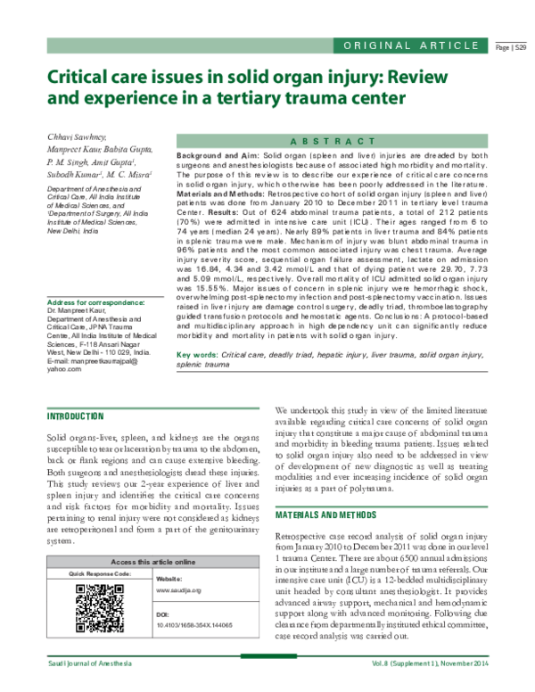 (PDF) Critical care issues in solid organ injury: Review and experience ...