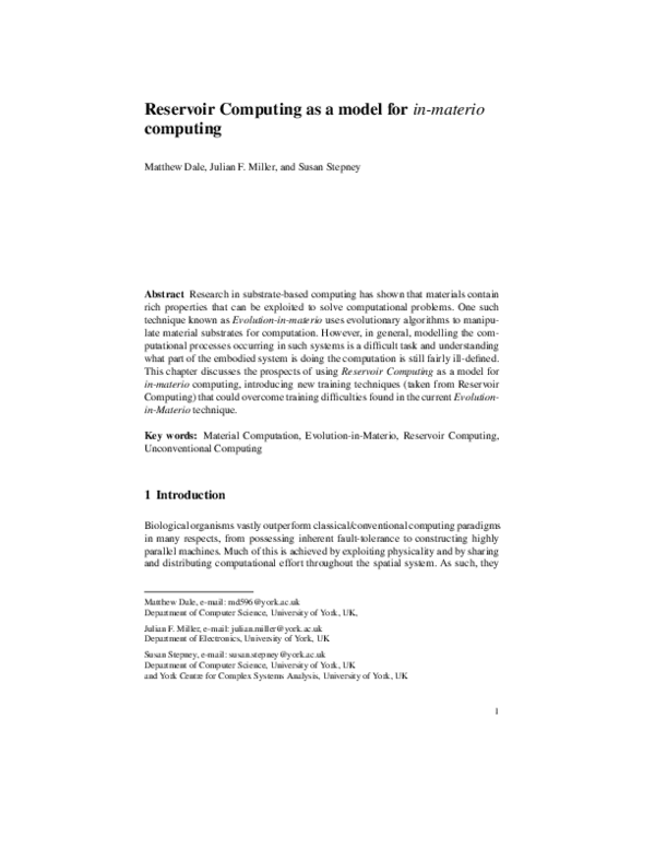 (PDF) Reservoir Computing as a Model for In-Materio Computing