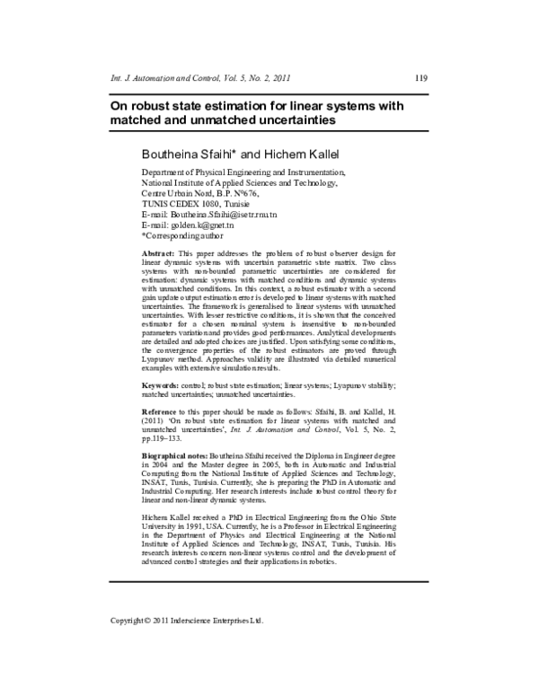 (PDF) On robust state estimation for linear systems with matched and unmatched uncertainties