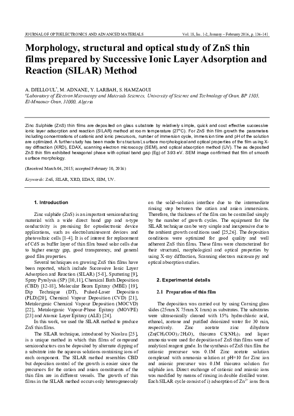(PDF) Morphology, structural and optical study of ZnS thin films prepared by Successive Ionic ...