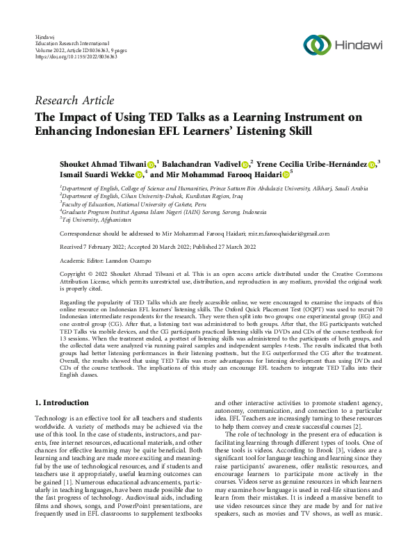 The Impact of Using TED Talks as a Learning Instrument on Enhancing ...