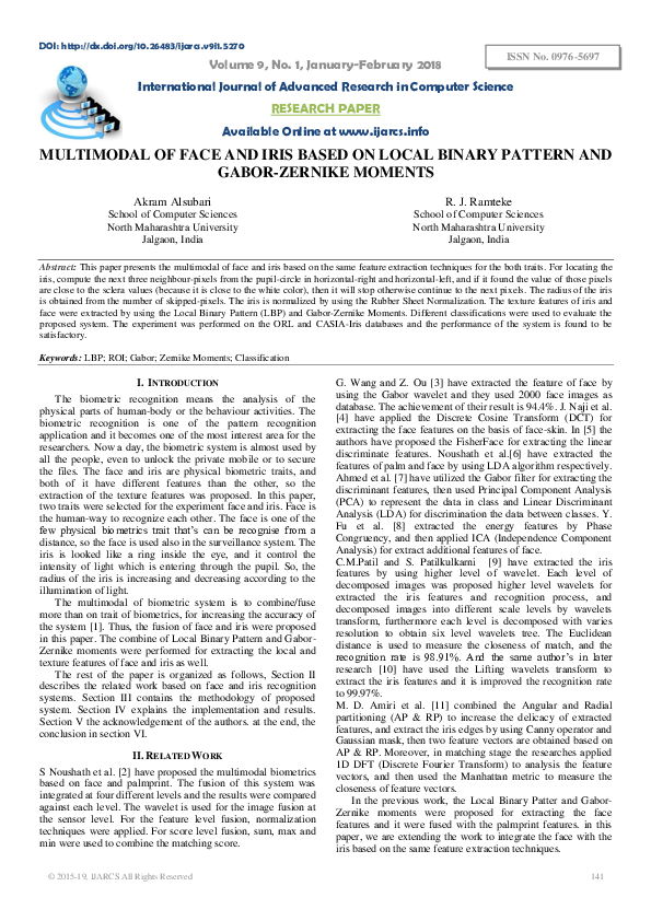(PDF) Multimodal of Face and Iris Based on Local Binary Pattern and Gabor-Zernike Moments