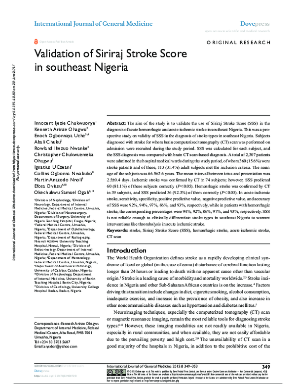 (PDF) Validation of Siriraj Stroke Score in southeast Nigeria