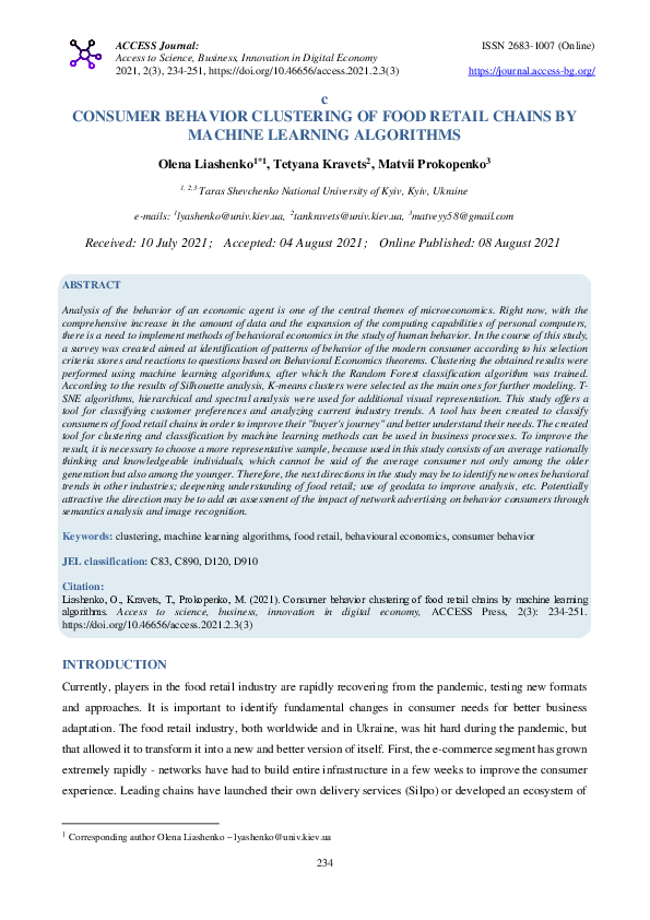 (PDF) Consumer behavior clustering of food retail chains by machine learning algorithms