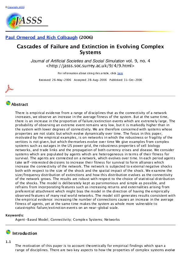 (PDF) Cascades of Failure and Extinction in Evolving Complex Systems