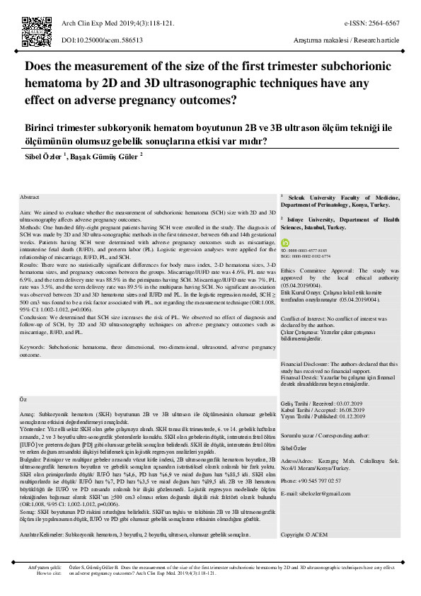 (PDF) Does the measurement of the size of the first trimester subchorionic hematoma by 2D and 3D ...