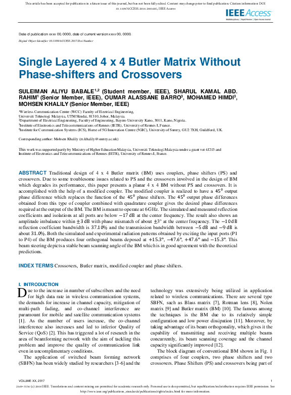 (PDF) 4x4 Butler Matrix Design Without Phase-Shifters