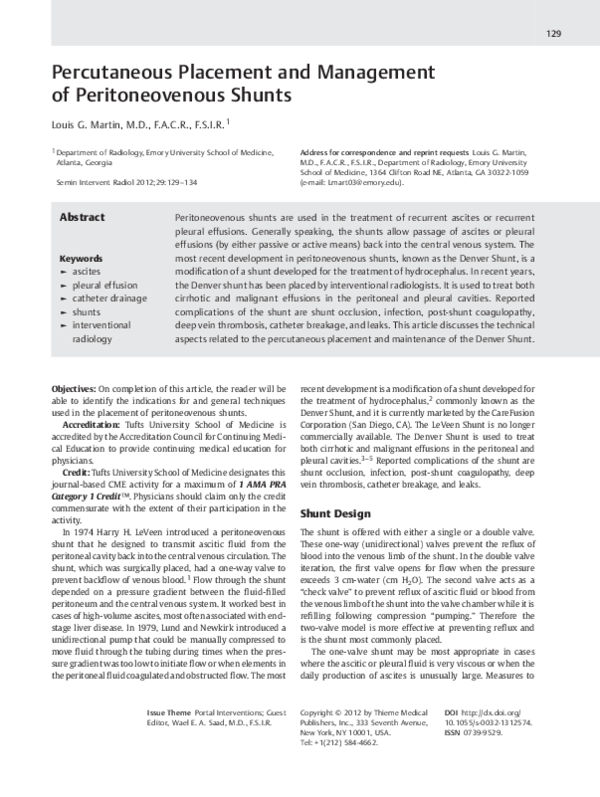 (PDF) Percutaneous placement and management of peritoneovenous shunts ...