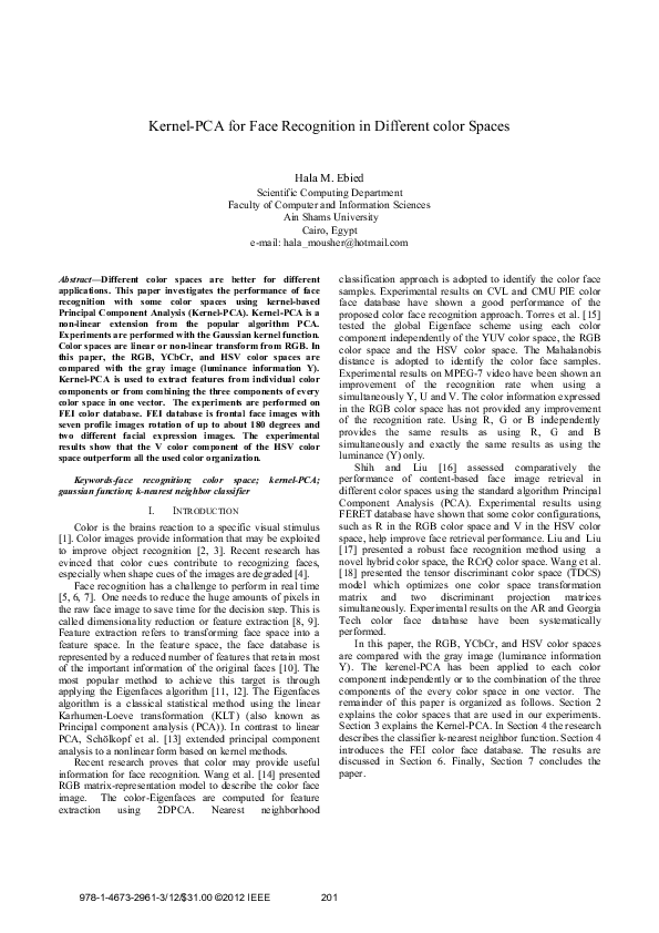 (PDF) Kernel-PCA for face recognition in different color spaces