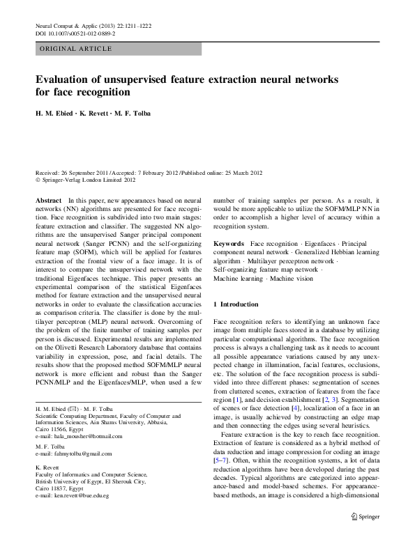 Pdf Evaluation Of Unsupervised Feature Extraction Neural Networks For Face Recognition