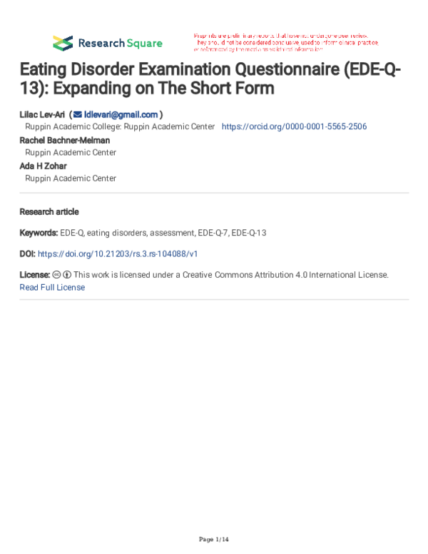 (PDF) Eating Disorder Examination Questionnaire (EDE-Q-13): Expanding ...