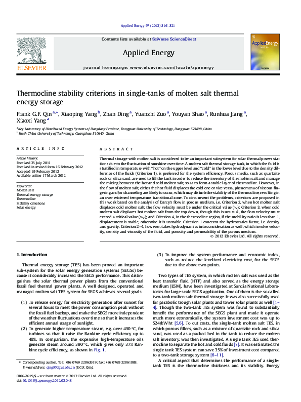 (PDF) Thermocline stability criterions in single-tanks of molten salt ...
